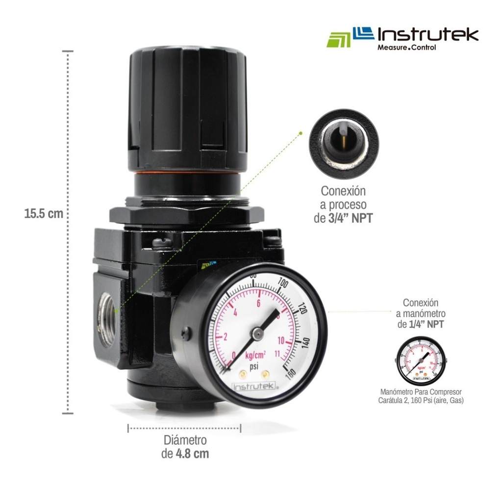 Regulador De Presión Neumático 3/4 120 Psi Con Manómetro | Instrutek